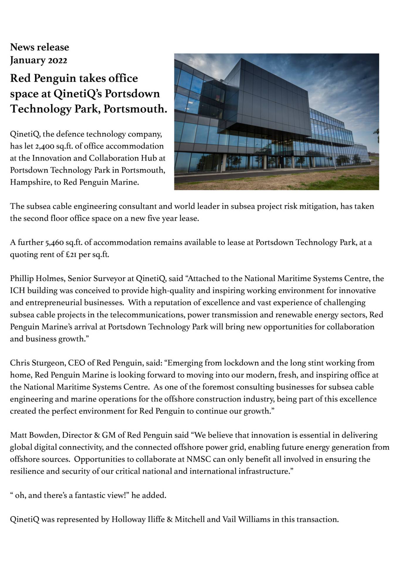 NEWS RELEASE! Completed Letting at Portsdown Technology Park - Holloway ...